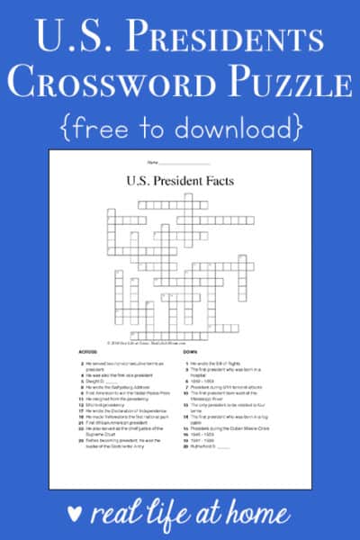 President Facts for Kids: Free U.S. Presidents Crossword Puzzle