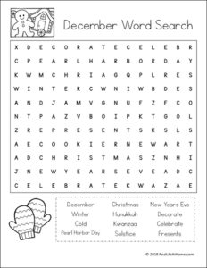 December Word Search Printable Puzzle for Kids (Free Printable)
