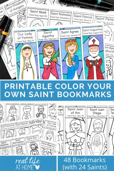 Printable Color Your Own Saint Bookmarks for Kids and Adults